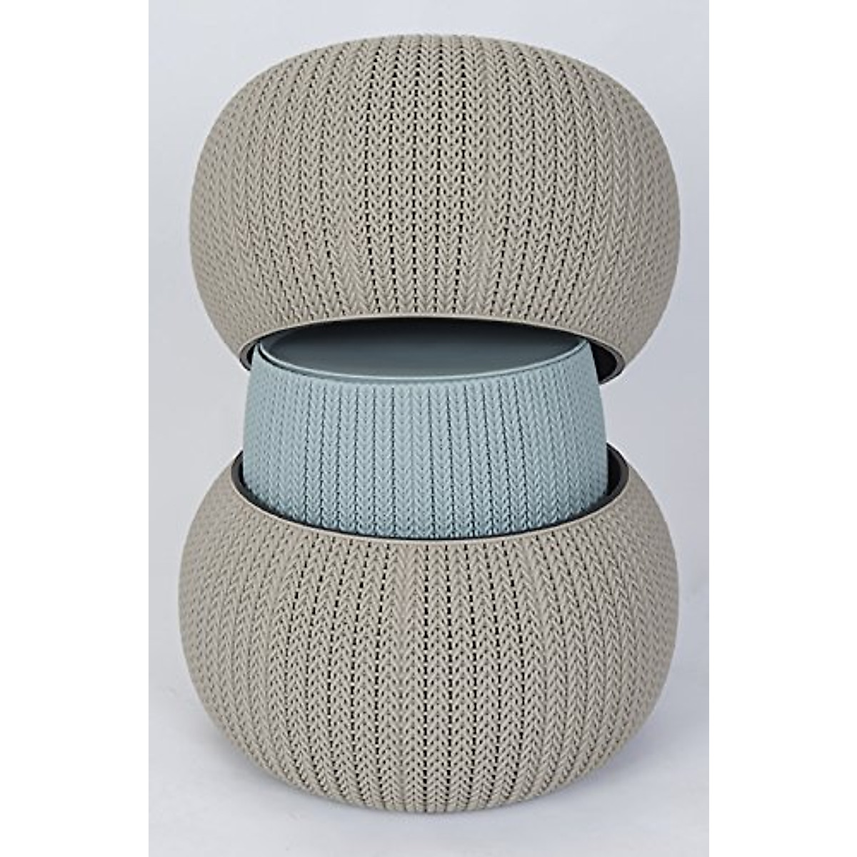 Keter Urban Knit Pouf Ottoman Set of 2 with Storage Table for Patio and Room Décor - Perfect for Balcony, Deck, and Outdoor Seating, Misty Blue & Taupe