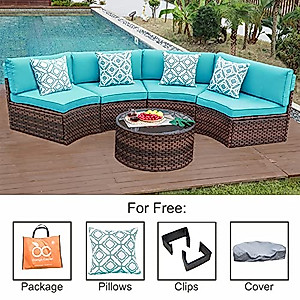 OC Orange-Casual 5 Piece Patio Furniture Set Half-Moon Outdoor All-Weather Wicker Sofa with Coffee Table, Brown Rattan Turquoise Cushion (Pillows Included)