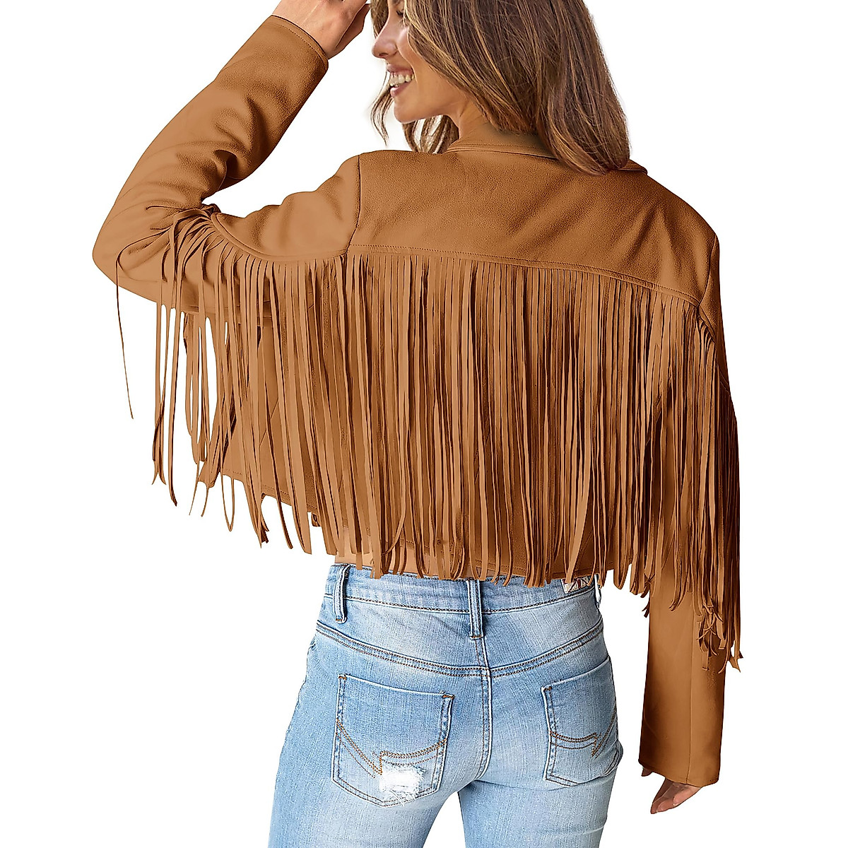 PRETTYGARDEN Women's Fringe Faux Suede Leather Jackets 2024 Fashion Tassel Motorcycle Cropped Coats (Brown Yellow,Large)