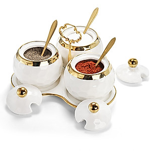 Foraineam Porcelain Condiment Pot Sugar Bowl Spice Jars with Lid, Spoon and Tray, Salt Container Spice Box Seasoning Pots, White Sugar Salt Bowls Set for Kitchen, Restaurant, Coffee Bar, Set of 3