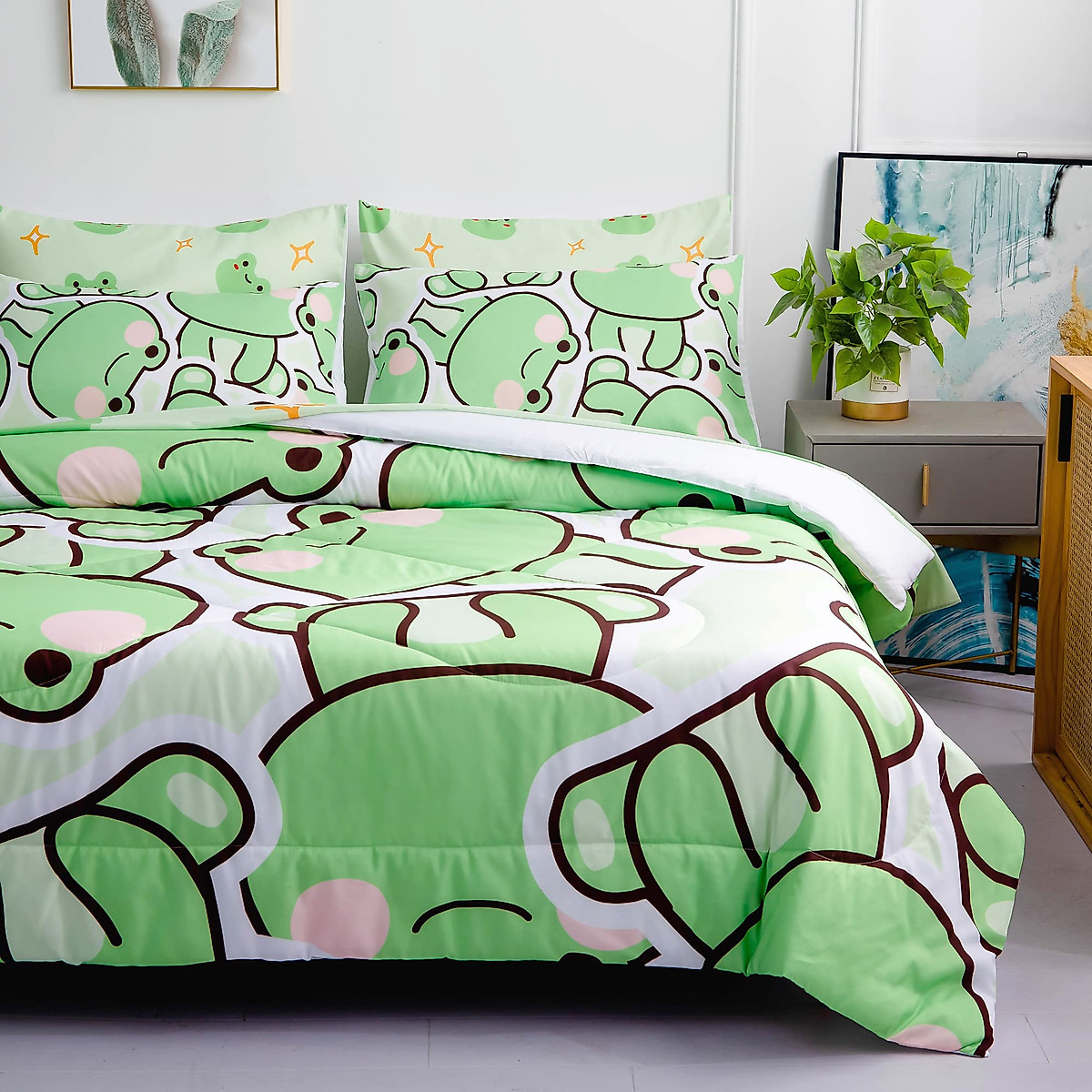 MUSOLEI 7 Piece Frog Comforter Set Frog Bedding for Kids Boys and Girls Frog sheets set Frog Bedding set Twin Size Bedding Sets for All Season (1 Comforter, 1 Flat Sheet, 1 Fitted Sheet, 4 Pillowcase)