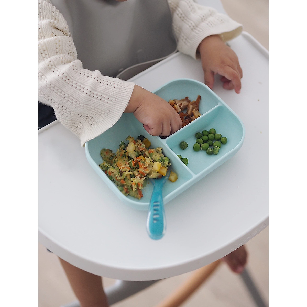 BEABA Silicone Suction Plates for Baby, Made with High Grade Food Safe Silicone, Soft Durable Toddler Dishes, Baby Plates with Suction Bottom, Rain