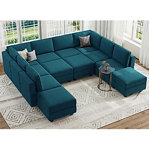 Belffin Terry Fabric Oversized U Shaped Sectional Sofa with Chaise Modular Sectional Sofa Couch for Living Room Convertible Sleeper Bed. Peacock Blue Couch