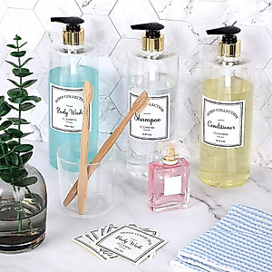 3 Pieces Pump Bottle Set, 25 oz Shampoo and Conditioner Dispenser, Plastic Refillable Soap Dispenser with 6 Label Sticker for Bathroom Lotion Body Wash(Black and Gold)