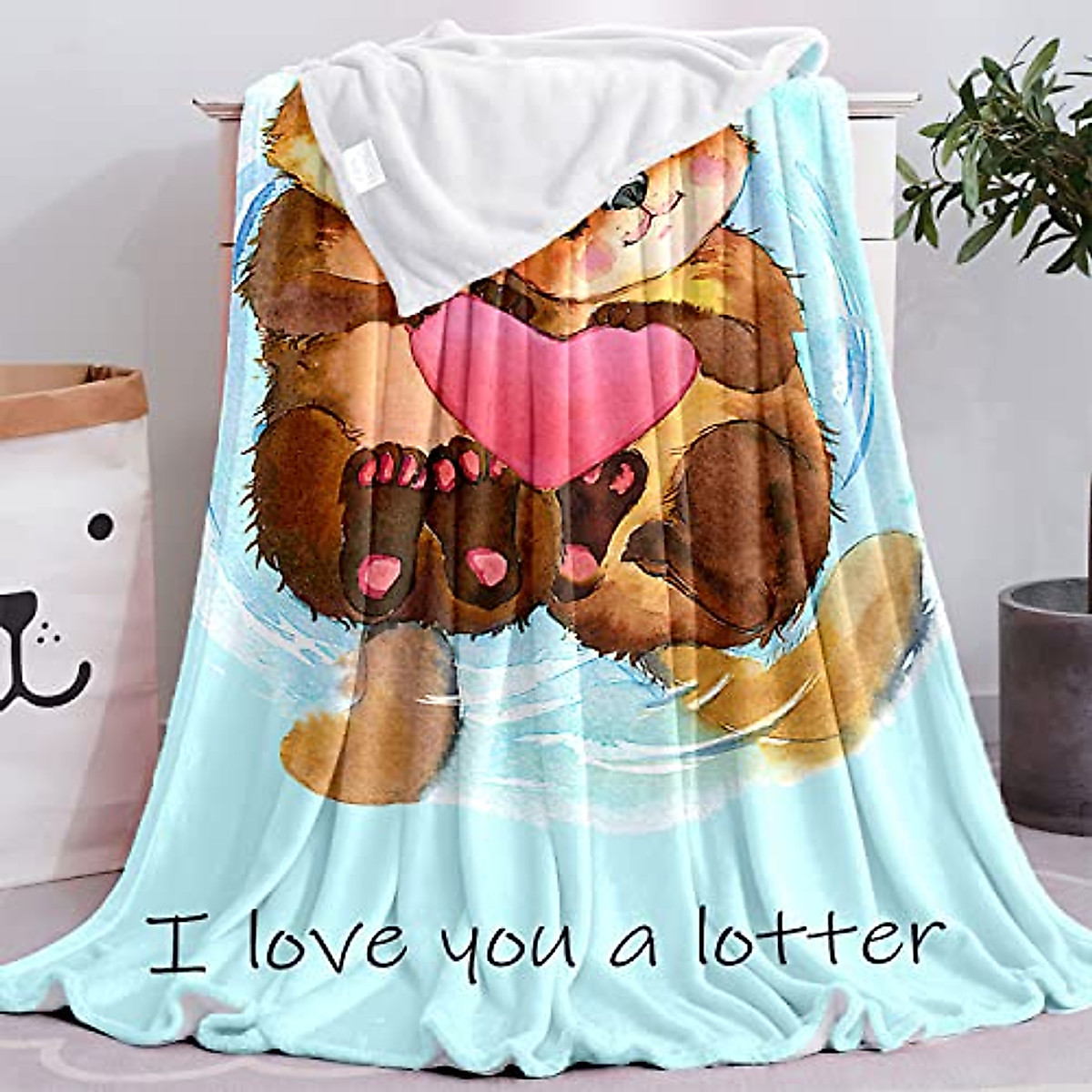 Cute Sea Otter Love You a Lotter Throw Blanket Soft Cozy Warm Blanket Fleece Flannel Blanket for Couch Bed Sofa 50"x40"
