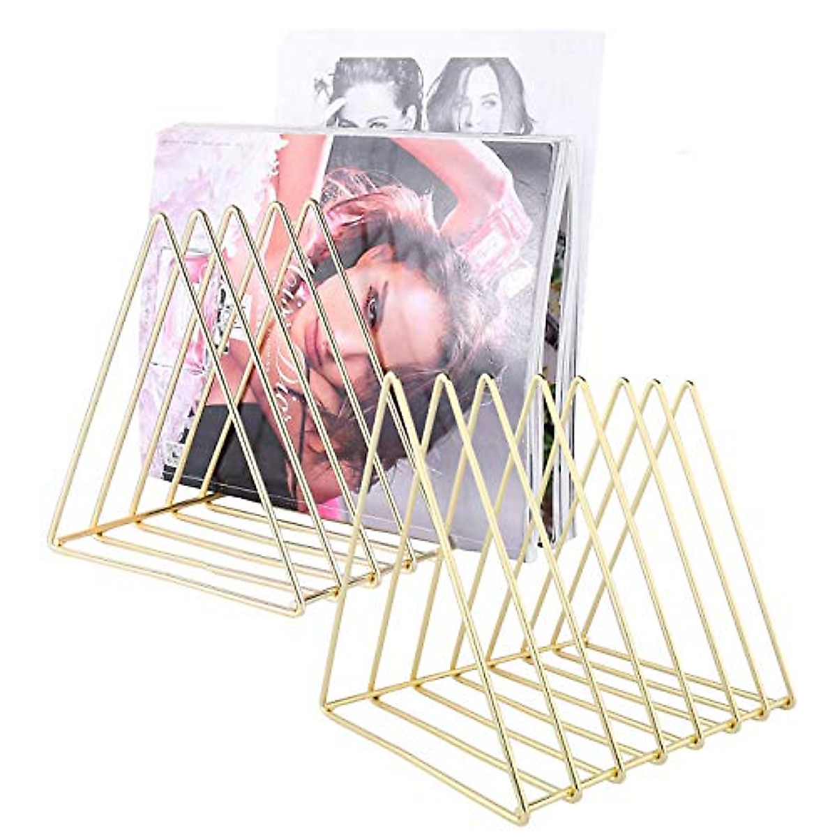 Urban Deco Triangle Desk Organizers Metal Wire Magazine Holder 7 Sections Decorative File Folder Organizer Vinyl Record Storage Office For Desk - Gold Magazine File Holder - Pack of 2