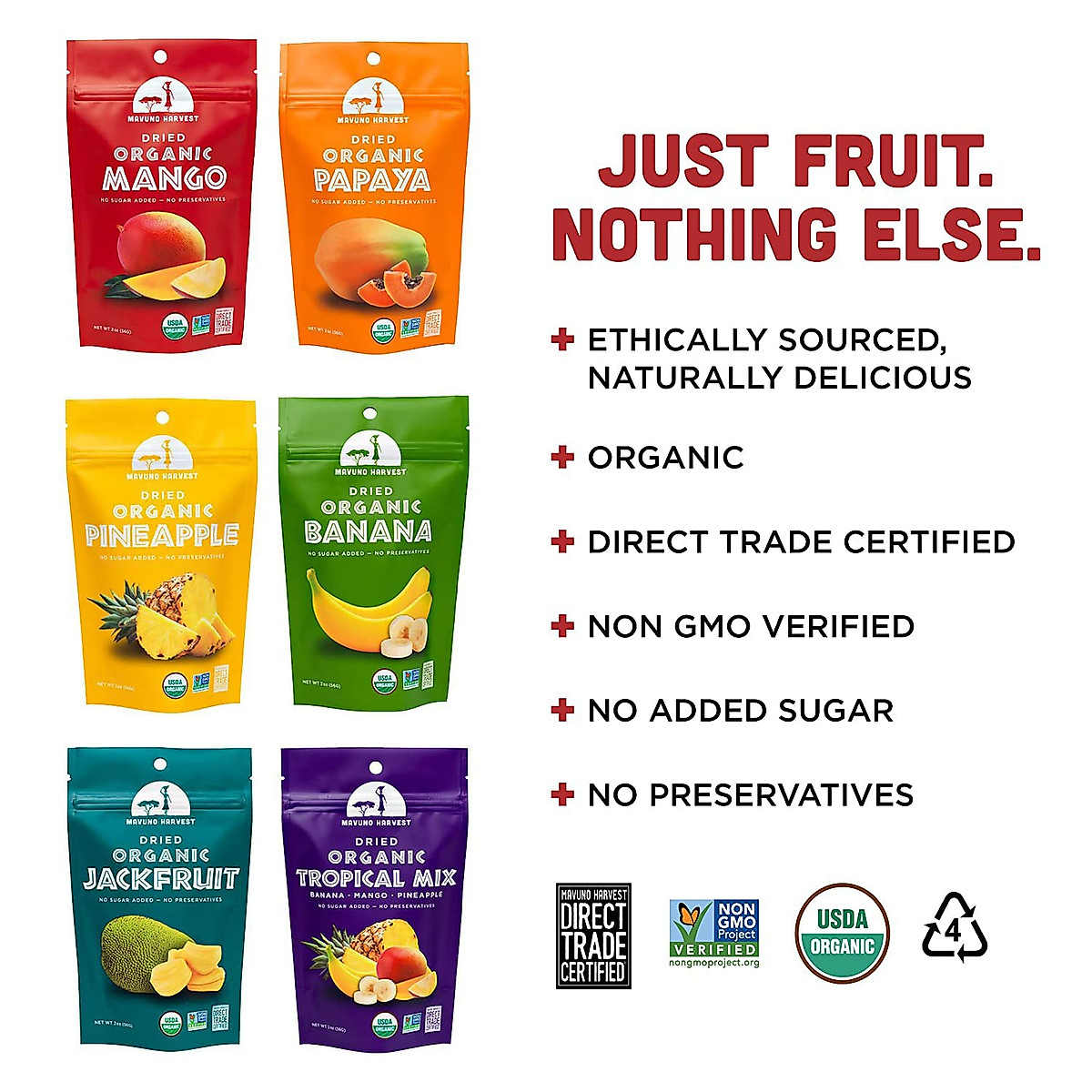 Mavuno Harvest Organic Dried Fruit Variety Pack | Dried Mango, Papaya, Pineapple, Banana, Jackfruit, & Tropical Mix | Healthy, Vegan, No Sugar Added, Non GMO Snacks for Kids & Adults | 2 Ounce, 6 Pack