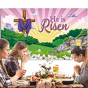 Happy Easter Day Decorations He Is Risen Backdrop Photography Banner, Large Fabric Easter Cross Religious Backdrop Background for Jesus Easter Spring Party Decorations, 72.8 x 43.3 Inch