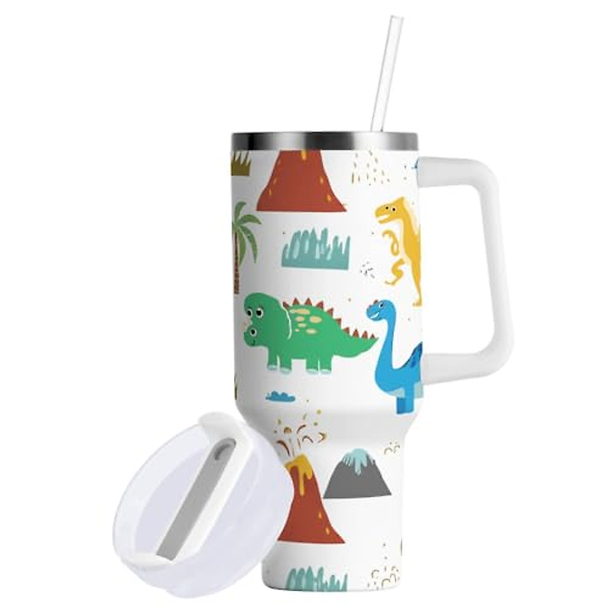 RPLIFE Cute Cartoon Dinosaurs White Coffee Tumbler with Handle, Stainless Steel Bottle, Insulated Cup with Straw, Coffee Tumbler for Women