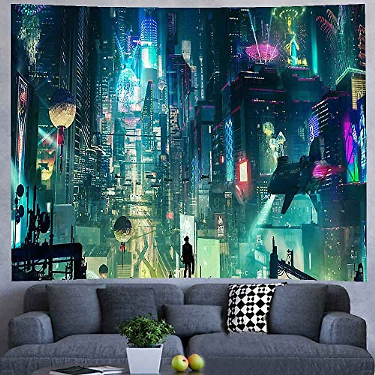 X-SISTER Fantasy Cityscape Tapestry Futuristic City Neon Punk Wall Hanging Teenage Boy Bedroom Tapestries 80×60 Inch for Livingroom Dorm Dormitory Apartment Tapestry TA21734