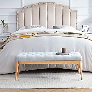 Kingfun Extra-Long Upholstered Tufted Bed Bench Seat for Bedroom, Entryway Wood Bench with Sturdy Wooden Legs, Buttoned Vanity Rectangle Dining Bench (Grey)