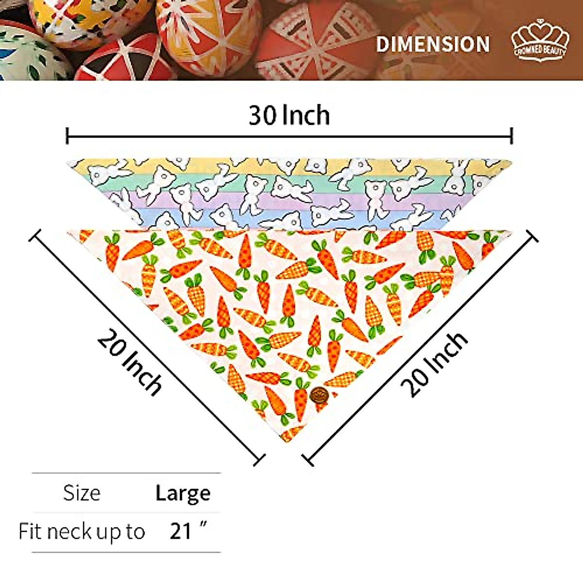 Crowned Beauty Easter Dog Bandanas Large 2 Pack, Bunnies Hip Hop Set, Carrots Polka Dots Adjustable Triangle Holiday Reversible Scarves for Medium Large Extra Large Dogs Pets