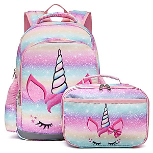 JIANYA Kids Backpack for School Girls Backpack Lunch Box Set Unicorn Preschool Kindergarten Bookbag with Chest Strap