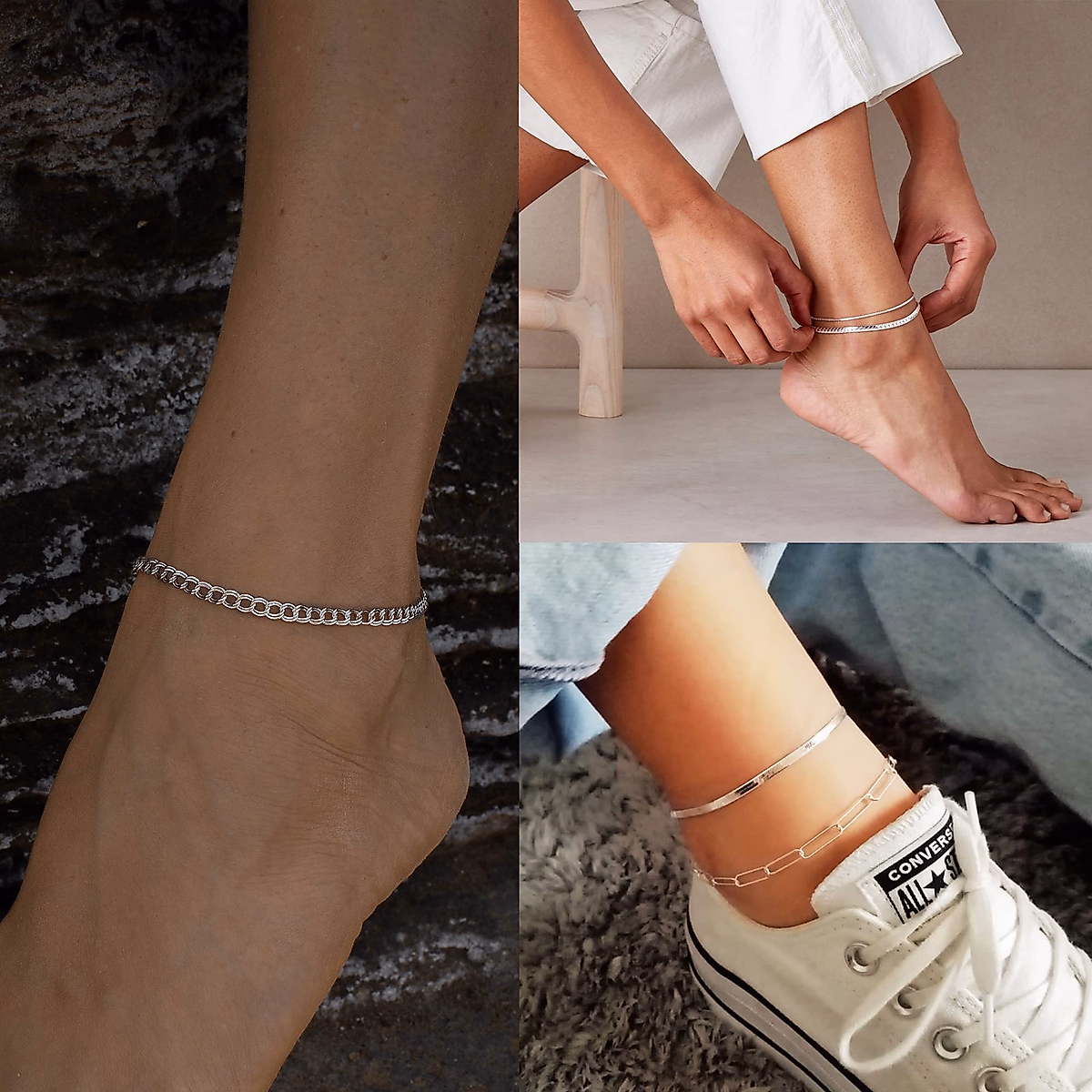 AOZEL Ankle Bracelets for Women, 925 Sterling Silver Plated Anklets Bracelet for Women Waterproof Cuban Link Chain Anklet Non Tarnish