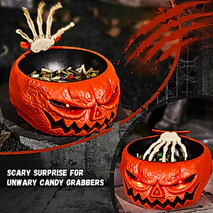 NEXIHOO Animatronic Halloween Candy Bowl - Pumpkin Bowl Halloween Decor Touch Activated with Creepy Sound,Moving Skeleton Hand, Light Up Animated Eyes, Scary Candy Dish for Halloween Party Decoration