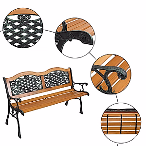 VINGLI Outdoor Bench Metal Garden Bench Front Porch Bench, Wood Patio Bench w/PVC Backrest Cast Iron Love Seat Park Bench (Arched Back)