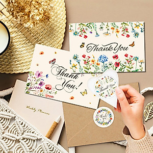 Savgkoyt 75 Pack Wildflower Thank You Cards with Envelopes and Stickers Thank You Notes with Envelopes Set Bulk Vintage Flower Greeting Cards with Kraft Envelope Sticker for Wedding Bridal Showers Baby Showers