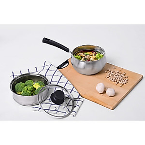 Stainless Steel Saucepan, 1.5 QT Sauce Pan with Steamer & Glass Lid for Cooking, 2-Tier Multipurpose Small Sauce pot Steam Pot for Vegetables, Seafood, Soups, Stews, Pasta, Induction Safe