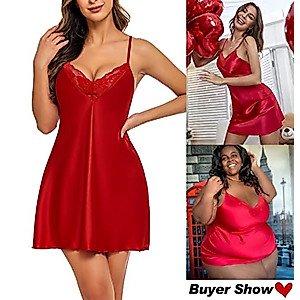 Avidlove Womens Nightgown Silk Lingerie Satin Lace Chemise Sexy Sleepwear V Neck Mini Dress(Red,XL)