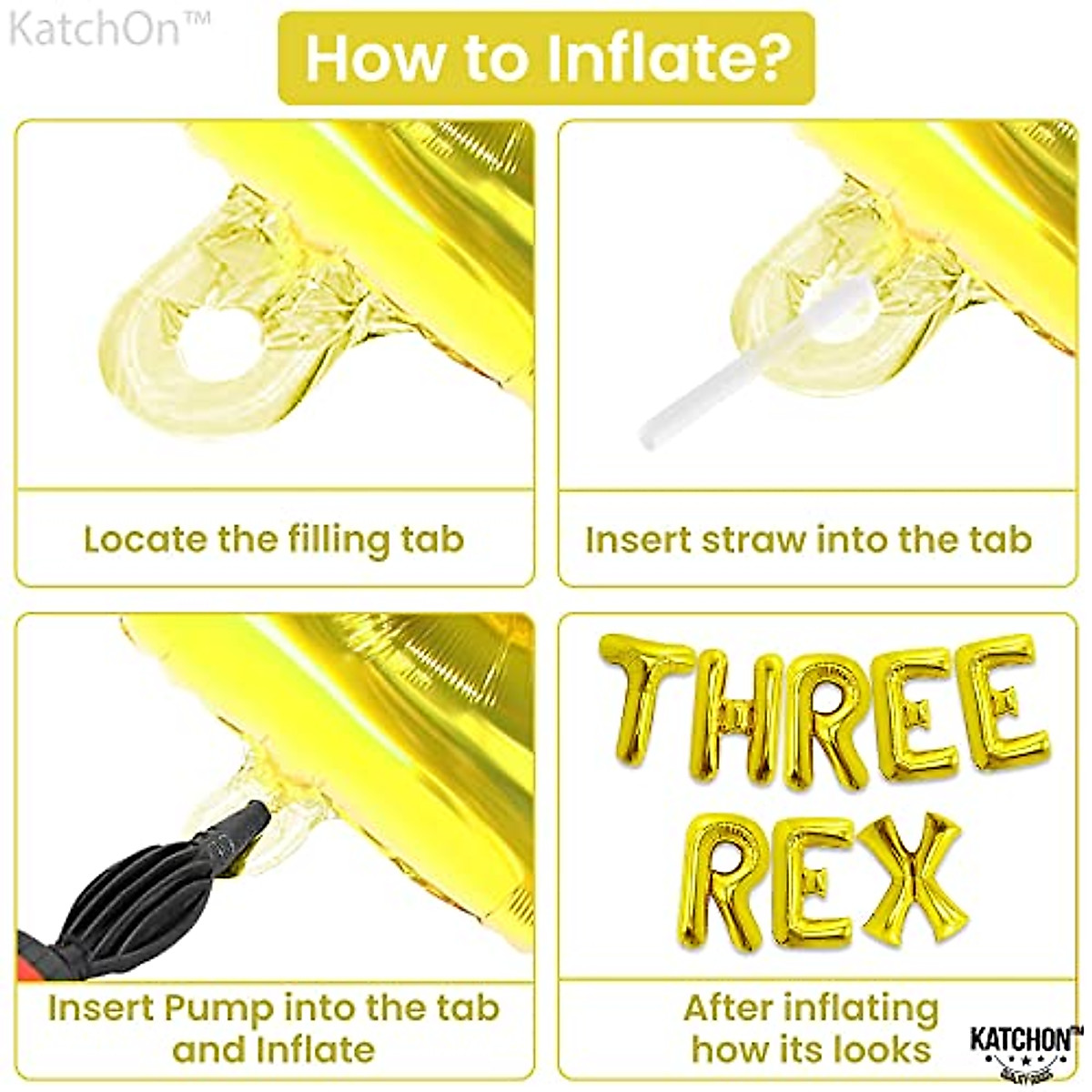 KatchOn, Huge Gold Three Rex Balloons - 16 Inch | Gold Three Rex Birthday Party Decorations | 3 Rex Birthday Decorations Boys | Three Rex Birthday Decorations Boys | Dinosaur Birthday Decorations