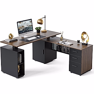 FEZIBO 63" L Shaped Executive Standing Desk with File Cabinet, Electric Height Adjustable, Black Walnut