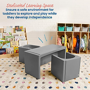 ECR4Kids Tri-Me Table and Cube Chair Set, Multipurpose Furniture, Dark Grey, 3-Piece
