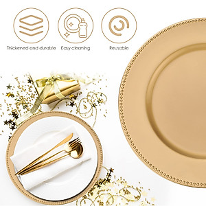 Zopeal 18 Pack Round Charger Plates Bulk 13 Inch Plastic Plate Chargers with Beaded Rim Disposable Dinner Charger Plates for Wedding Halloween Christmas Party Event Table Setting Decoration (Gold)