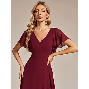 Ever-Pretty Women's Double V Neck A Line Ruffle Hem Backless High Low Chiffon Wedding Guest Dresses Burgundy US14