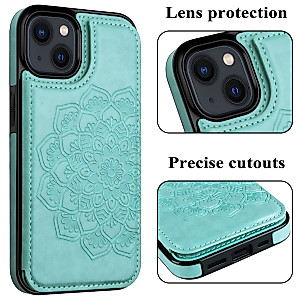 MMHUO for iPhone 14 Case with Card Holder, Flower Magnetic Back Flip Case for iPhone 14 Wallet Case for Women, Protective Case Phone Case for iPhone 14,Mint