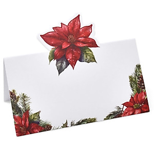 100 Pack Christmas Place Cards Holiday Seating Name Card Die Cut Xmas Poinsettia Flower Table Setting Folded Paper Tent Cards for Winter Dinner Wedding Tables Placement Party Decorations 2" x 3.5"