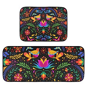 ZENWAWA Mexican Floral Bird Kitchen Rug 2 Pieces Set, Kitchen Mats Water Absorbent Comfort Standing Floor Rugs for Kitchen Sink Laundry Room