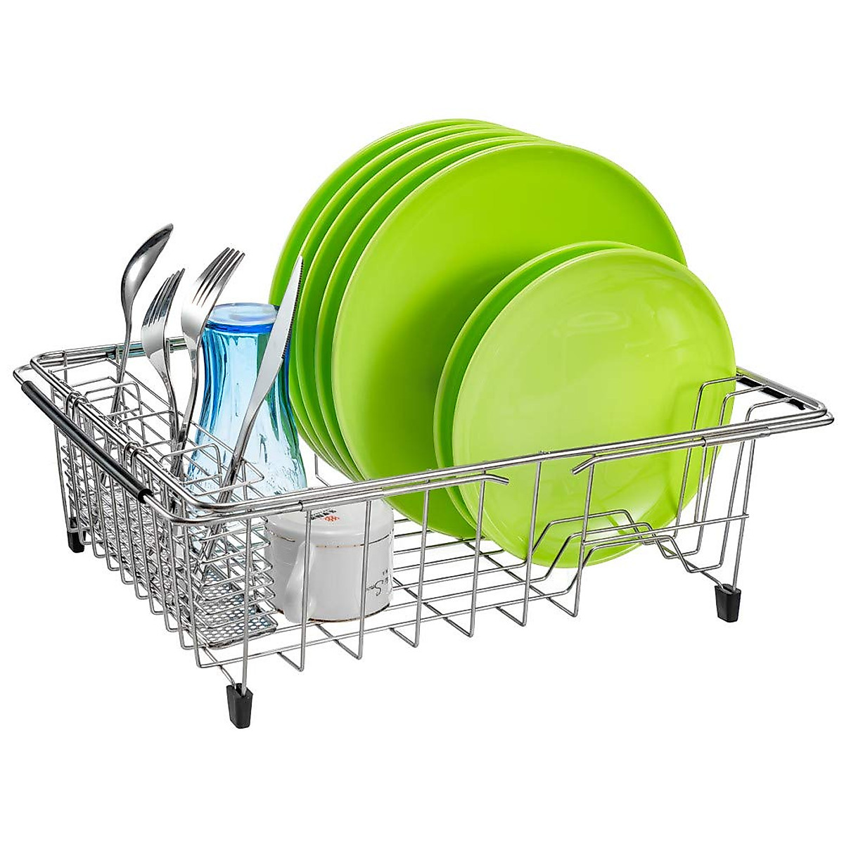 SANNO Expandable Sink Dish Drying Rack, Deep Large Dish Drying Rack with 4 Division Utensil Silverware Cutlery Holder, Dish Drainer Shelf Dish Rack in Sink On Counter, Rustproof Stainless Steel