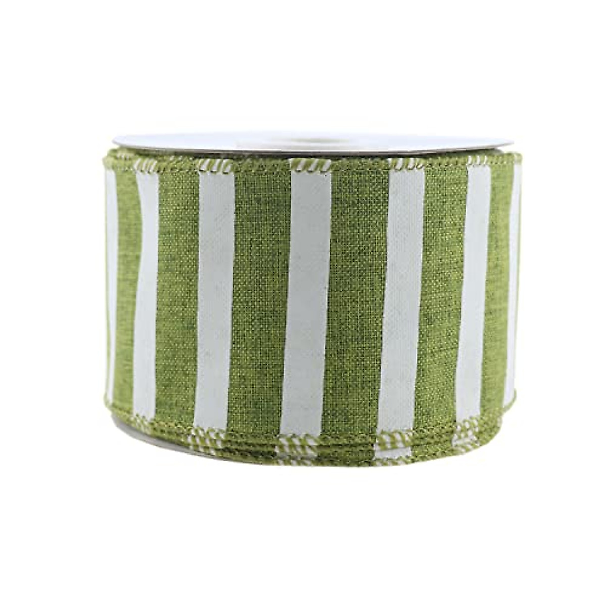 DINDOSAL Sage Green Wired Ribbon 2.5" Horizontal White Stripe Wired Edge Burlap Ribbon Farmhouse Wire Ribbon for Wreaths Crafts Supplies Gift Wrapping Bows Making Spring Decorations - 10 Yards