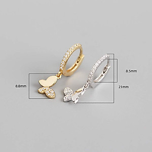 Cute Butterfly Small CZ Cartilage Hoop Earrings With Tiny Charm Dangle Drop for Women Girls S925 Sterling Silver Dainty Fashion Huggie Hoops Hypoallergenic Jewelry Gifts for Daughter Sister Bff (Gold)