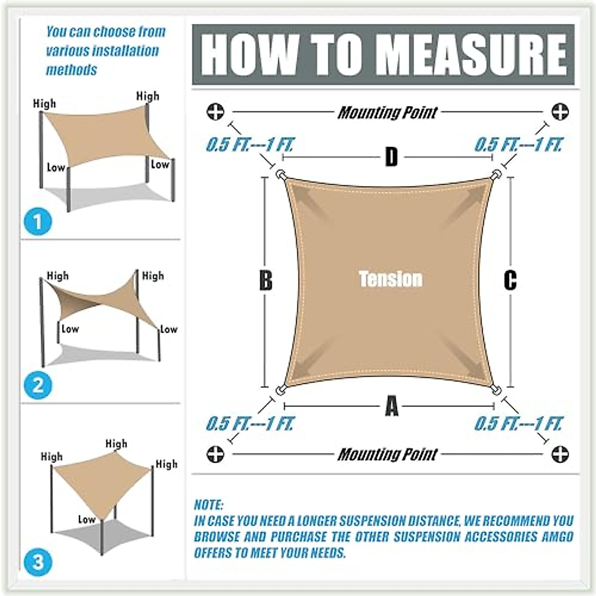 Amgo 16' x 16' Brown Square Sun Shade Sail Canopy Awning UPF50+ AGTAPS16, 95% UV Blockage, Water & Air Permeable, Commercial and Residential, 3 Years Warranty (We Make Custom Size)