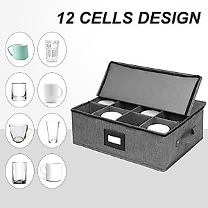 Cup and Mug Storage Box 2Pack, 12 Cells China Storage Containers for Tea Cups and Coffee Mugs with Zipper Lid and Rivet Reinforced Handles, Hard Shell and Stackable (Black)