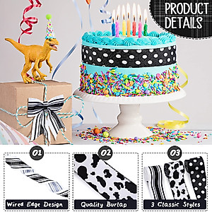 3 Rolls 18 Yards Cow Print Wired Ribbon 2.5 Inch White Black Craft Ribbon Cowhide Burlap Gift Wrapping Ribbon Cowhide Striped for Cow Theme Party Decor DIY Bow Supplies