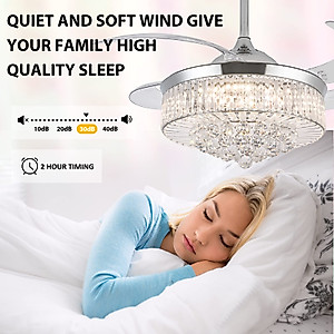 Panghuhu88 42" Invisible Ceiling Fan Chandelier Light,Modern Crystal Ceiling Fan Light Remote Control 4 Retractable ABS Blades for Bedroom Living Room Dining Room Decoration