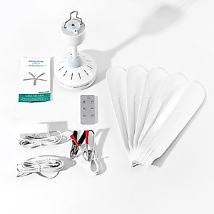 Mengnessly 28" Inch Ceiling Fan AC 110V/DC 12V Indoor Outdoor Gazebo Electric Fans for Tent with Remote Control Portable Hanging Plug in No Light White Bedroom Porch Quiet Small Room RV Garage Dorm