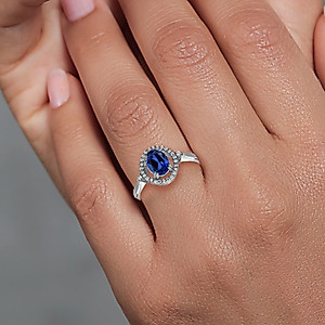 Gem Stone King 925 Sterling Silver Blue Created Sapphire Ring For Women (1.34 Cttw, Oval 7X5MM, Available In Size 5, 6, 7, 8)
