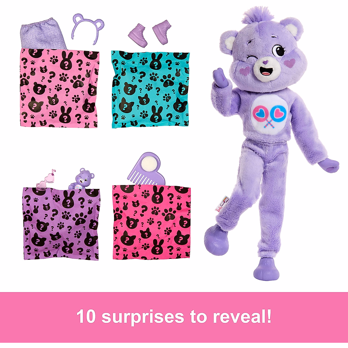 Barbie Cutie Reveal Doll & Accessories, Care Bears Series with Share Bear Costume & 10 Surprises Including Color Change & Mini Bear