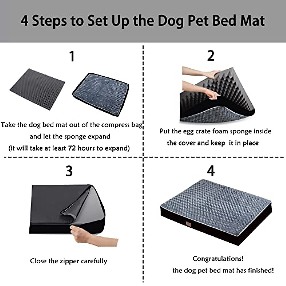 Dog Bed Mats for Large Big Dog - Orthopedic Dog Pet Durable Crate Bed Mattress of Thick Egg Foam Crate, Rose Plush Washable Cover, Waterproof Lining and Non-Slip Bottom (XL(42''x30''x4''), Black Side)