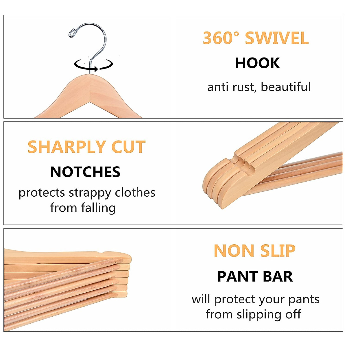 Amber Home 20 Pack 15" Natural Wooden Clothes Hangers for Woman, Teenager Clothing Hangers for Shirt Jacket, Solid Wood Dress Coat Hangers with Non Slip Pants Bar (Natural, 20)