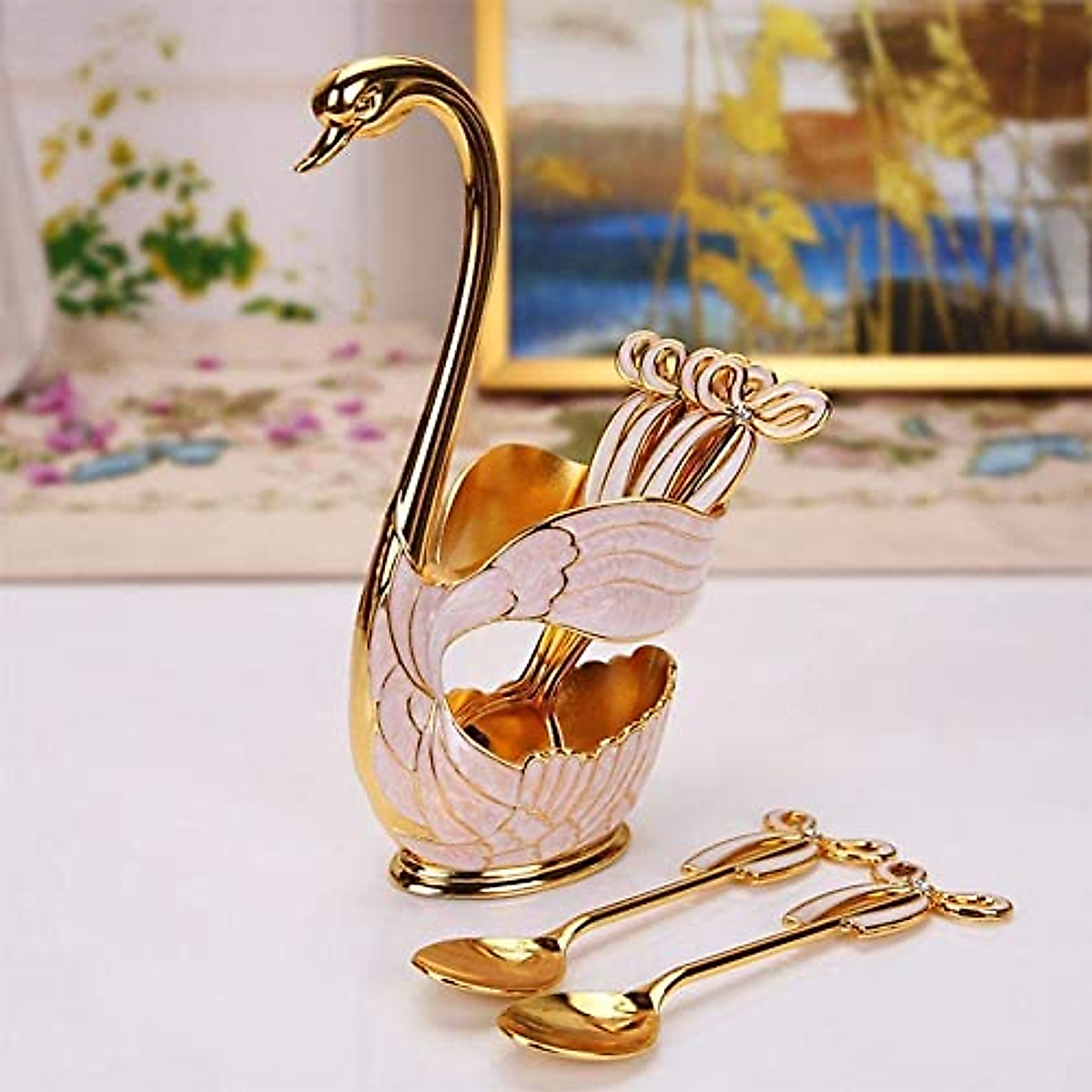 Metal Coffee Dessert Dinner Spoon Set, Teaspoon Fruit Dessert Flatware Swan Base Holder Metal Coffee Spoon Organizer with 6pcs Coffee Dessert Sugar Ice Cream Spoons (Gold)