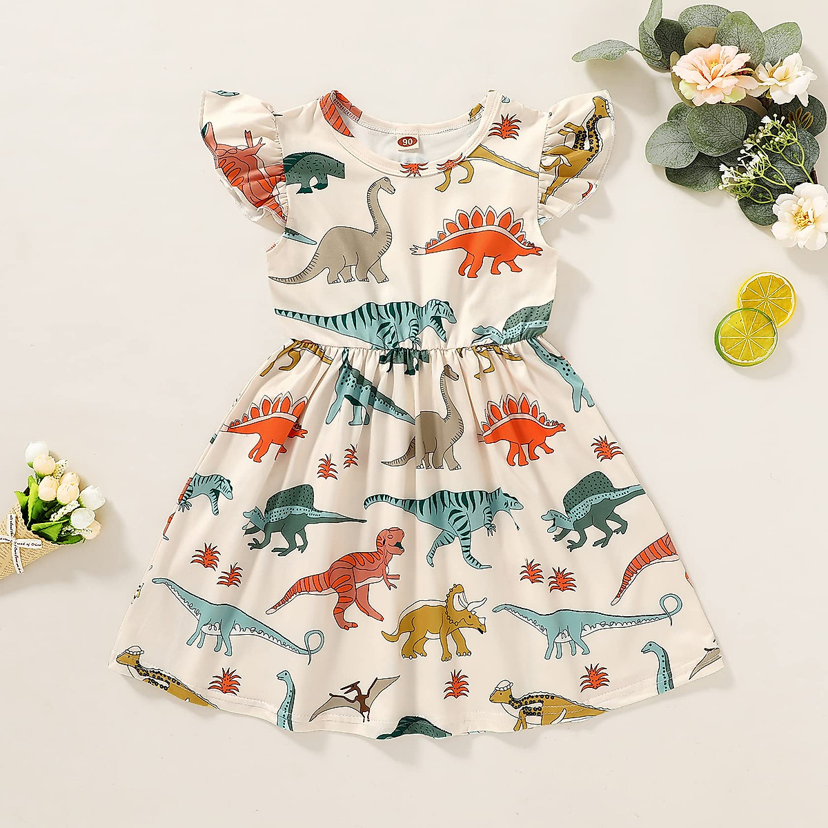 HAPPYMA Toddler Baby Girl Summer Dress Dinosaur Flutter Sleeve Dresses Outfits for Baby Girl Sundress Skirts Clothes (Vintage Dinosaur Dress, 2-3T)