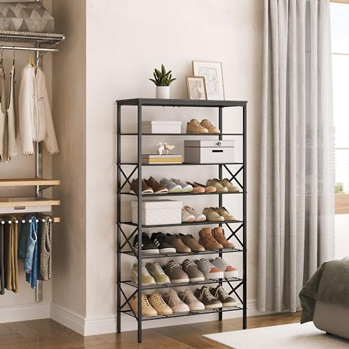 YATINEY 8 Tier Shoe Rack, Shoe Storage Organizer, Large Capacity Shoe Shelf Holds 32 Pairs of Shoes, Durable and Stable, for Entryway, Hallway, Closet, Dorm Room, Charcoal and Black SS08BC