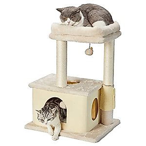 MECOOL Cat Tree,Scratching Posts with Condos Cats Tower Beds and Dangling Ball Toys,Massage Brush 5in1 Multi-Purpose for Indoor Kittens and Cats(Beige)