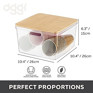 Oggi Clear Stackable Storage Bin with Bamboo Lid - Ideal for Kitchen, Pantry, Cabinet, Bathroom, Bedroom, Kids, Refrigerator. With Handles & Lid - Organizer for Jars, Snacks, Toys, Crafts - 10x10x6