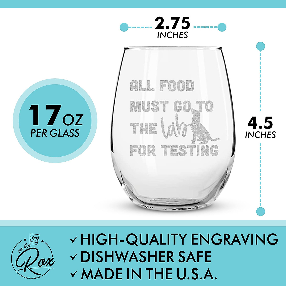 On The Rox Drinks Labrador Gifts for Labrador Lovers- All Food Must Go To The Lab For Testing Stemless Wine Glass Set of 2- Chocolate Lab Wine Glass - Dog Face, Black Labrador Gifts