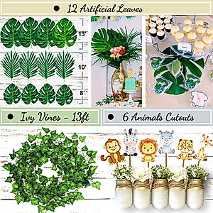 Premium Safari Baby Shower Decorations for Boy Jungle Theme Baby Shower Decor - Banner, Animal Cutouts, Balloons, Paper Decorations, Guest Book, Leaves, Games, Sash - Jungle Baby Shower Decorations